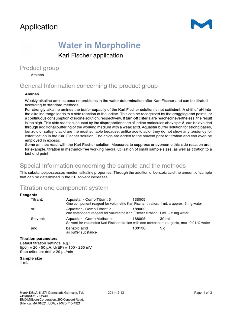 Water in Morpholine: Application | PDF | Titration | Chemistry