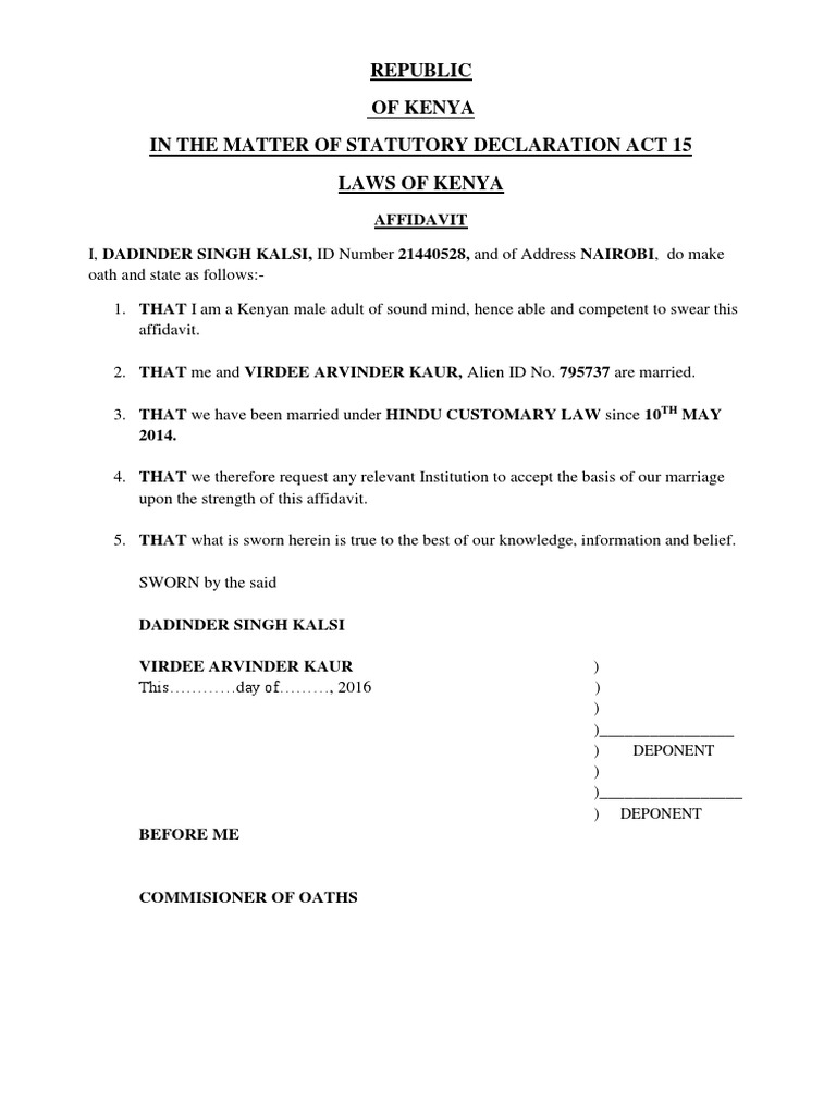 Republic of Kenya in The Matter of Statutory Declaration Act 15 Laws of ...