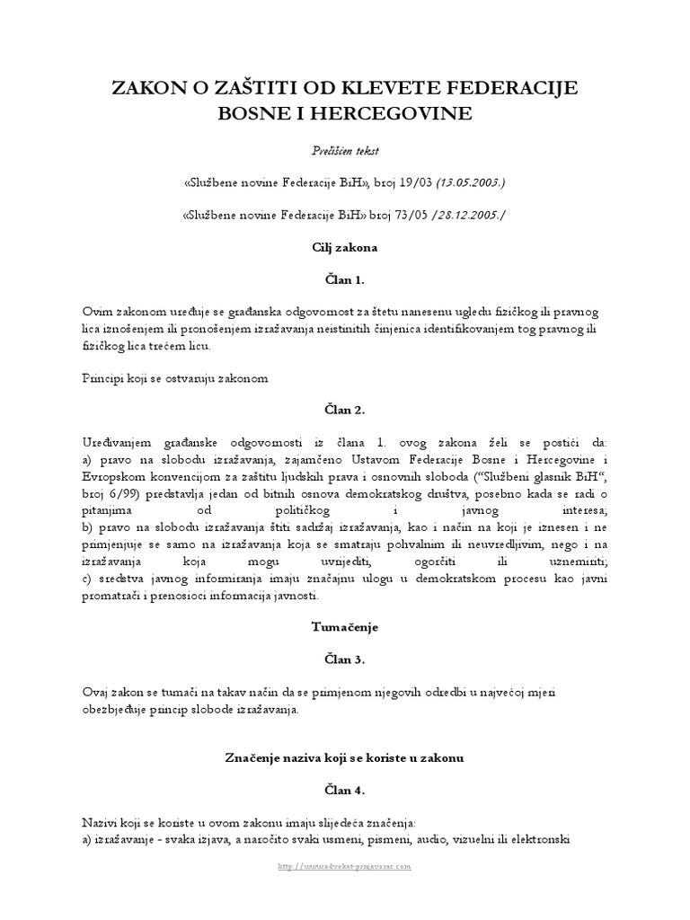 Zakon o Zastiti Od Klevete FBiH | PDF