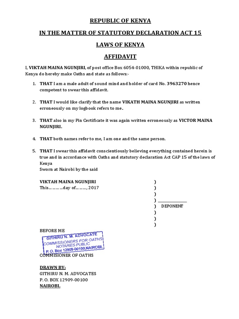 Republic of Kenya in The Matter of Statutory Declaration Act 15 Laws of ...