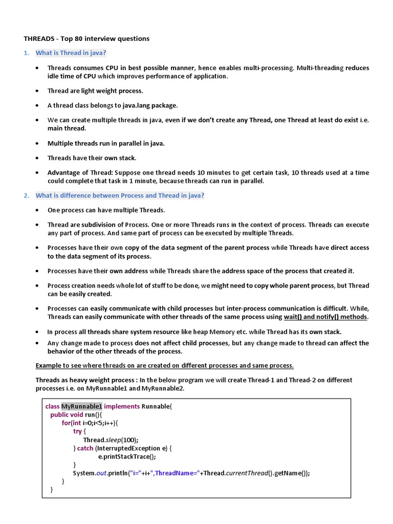 THREADS - Top 80 Interview Questions: What Is Thread in Java? | PDF | Process (Computing ...
