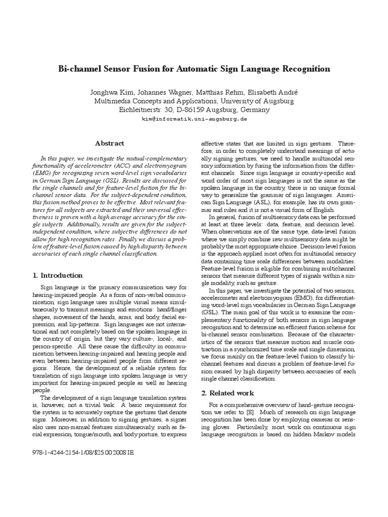 Bi-Channel Sensor Fusion For Automatic Sign Language Recognition | PDF | Electromyography | Sign ...