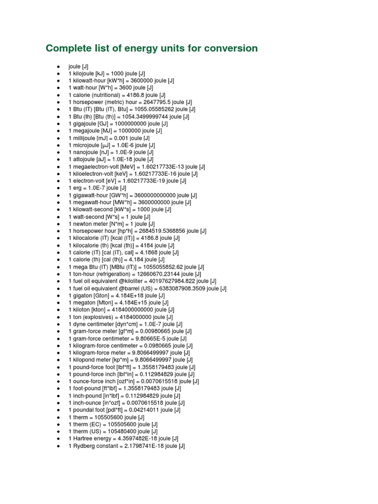 Complete List of Energy Units For Conversion | PDF | Calorie | Nature