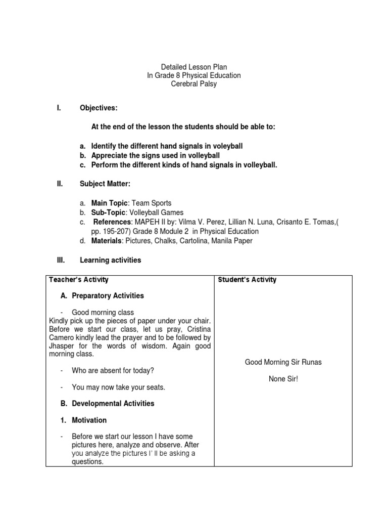 Detailed Lesson Plan in Grade 8 MAPEH | PDF | Referee | Volleyball