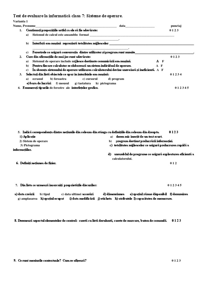 Test de Evaluare La Informatica Clasa 7 | PDF
