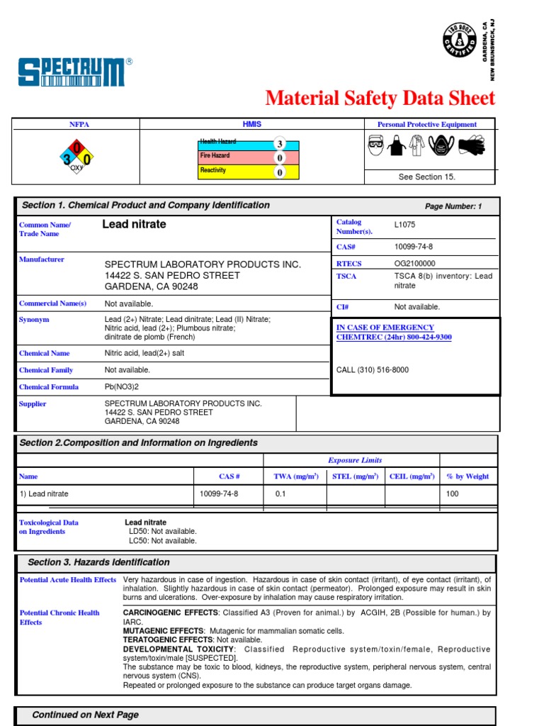 Material Safety Data Sheet: Lead Nitrate | PDF | Combustion | Solubility