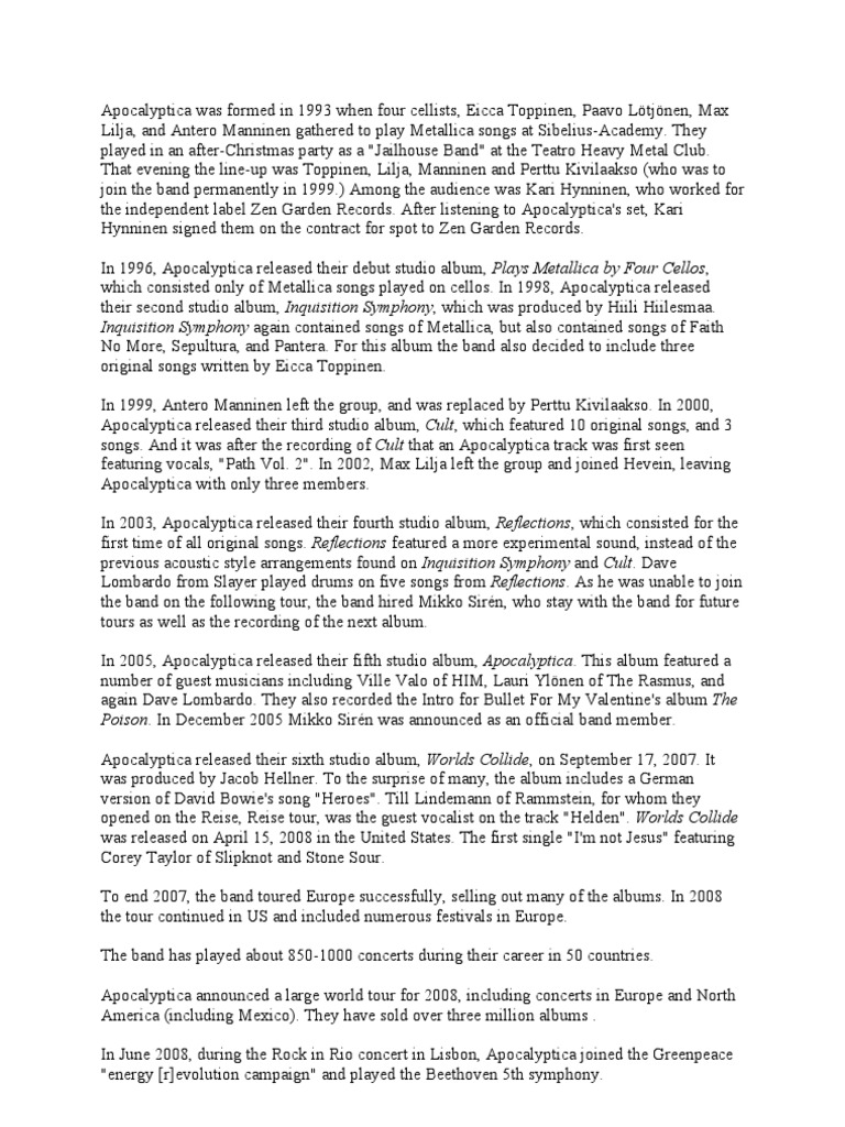 Apocalyptic A Was Formed in 1993 When Four Cellists | PDF | Rock Music ...