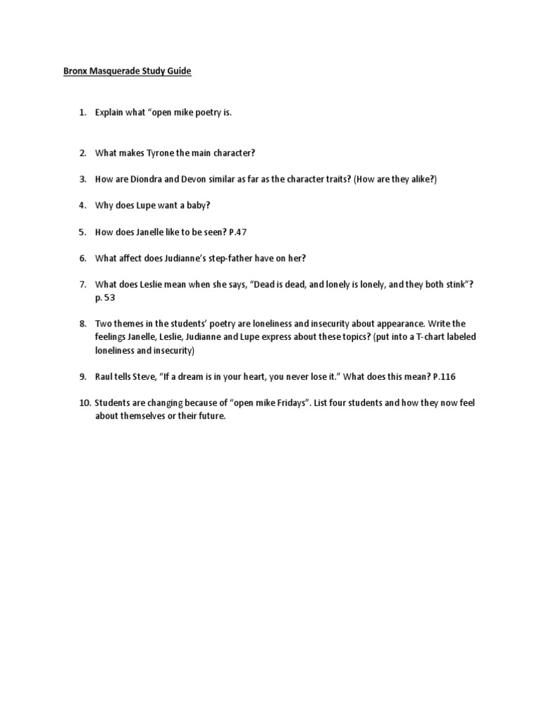 Bronx Masquerade Study Guide Insights | PDF | Language Arts & Discipline
