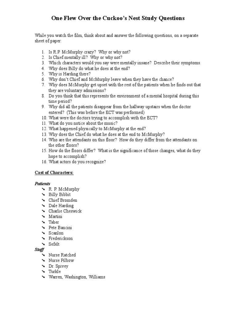Film Study Guide: Cuckoo's Nest | PDF