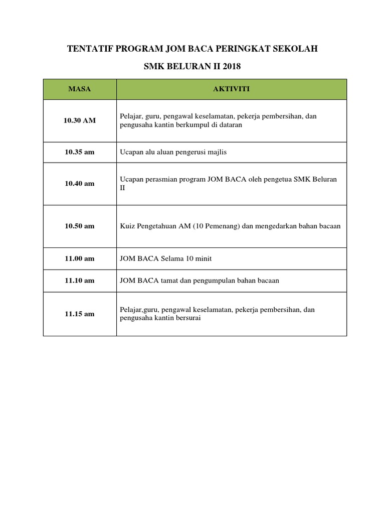 Tentatif Program Jom Baca Peringkat Sekolah | PDF