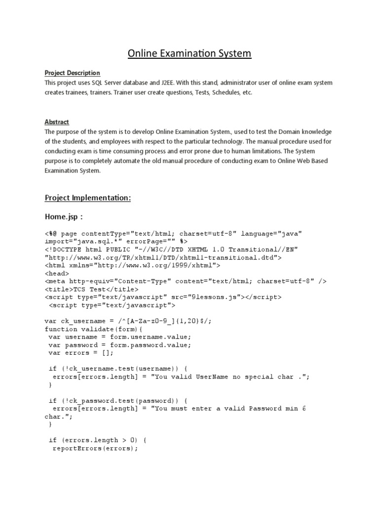 Online Examination System: Project Implementation: Home - JSP ...