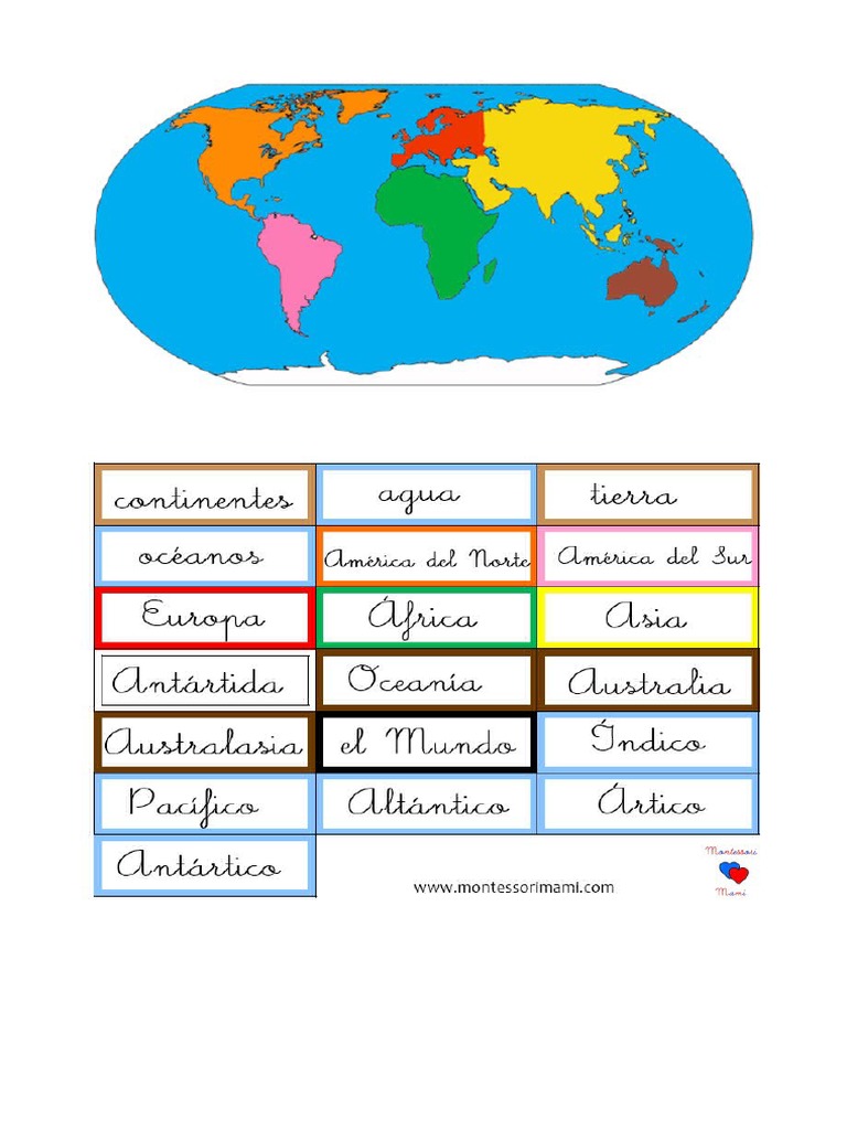 Continentes Montessori Mami Tarjetas Color | PDF