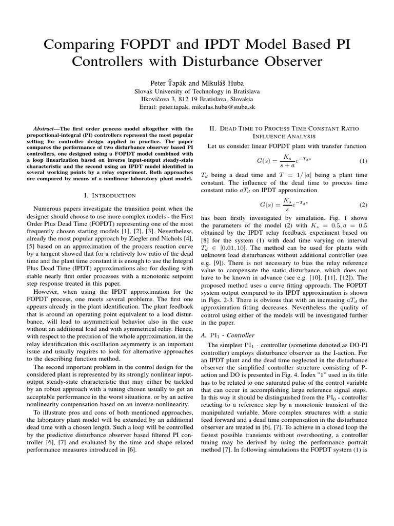 Comparing FOPDT and IPDT Model Based PI Controllers With Disturbance Observer | PDF | Control ...