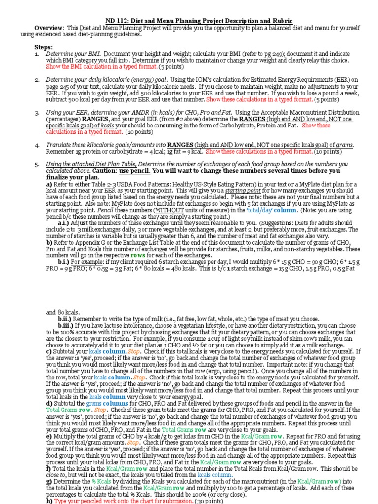 Diet and Menu Planning Project | PDF | Calorie | Carbohydrates