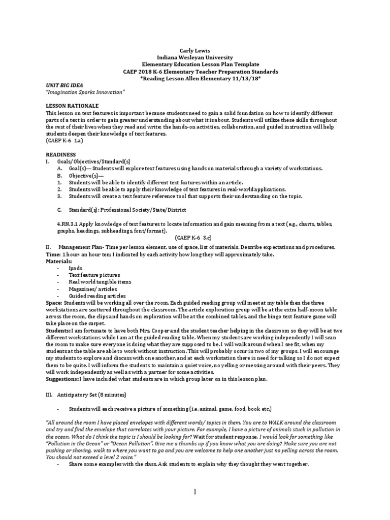 Edu 354 - Reading Lesson Plan | PDF | Lesson Plan | Reading (Process)