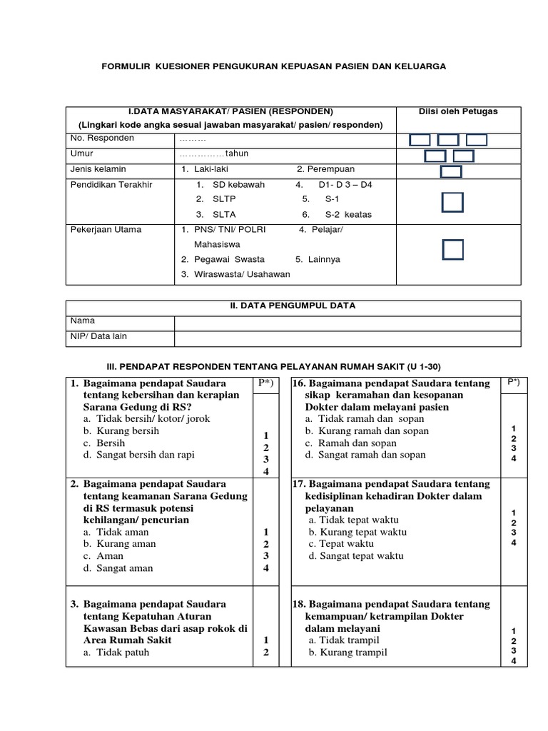 Formulir Kuesioner Pengukuran Kepuasan Pasien Dan Keluarga | PDF