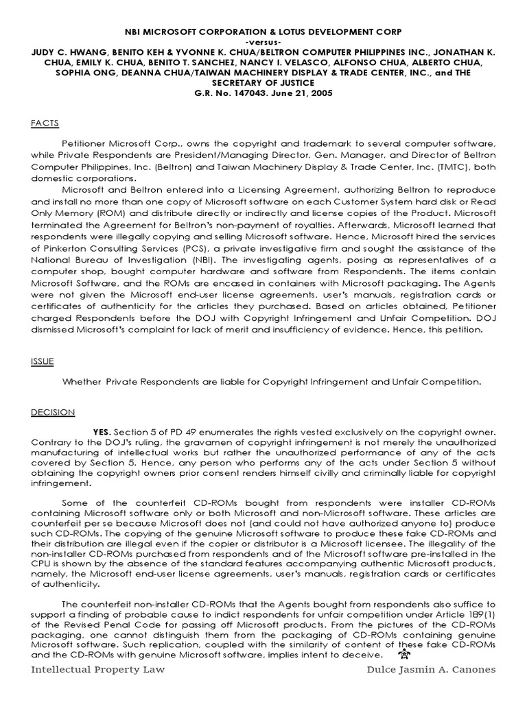 NBI Microsoft Corp Vs Judy Hwang Et Al | PDF | Copyright Infringement ...