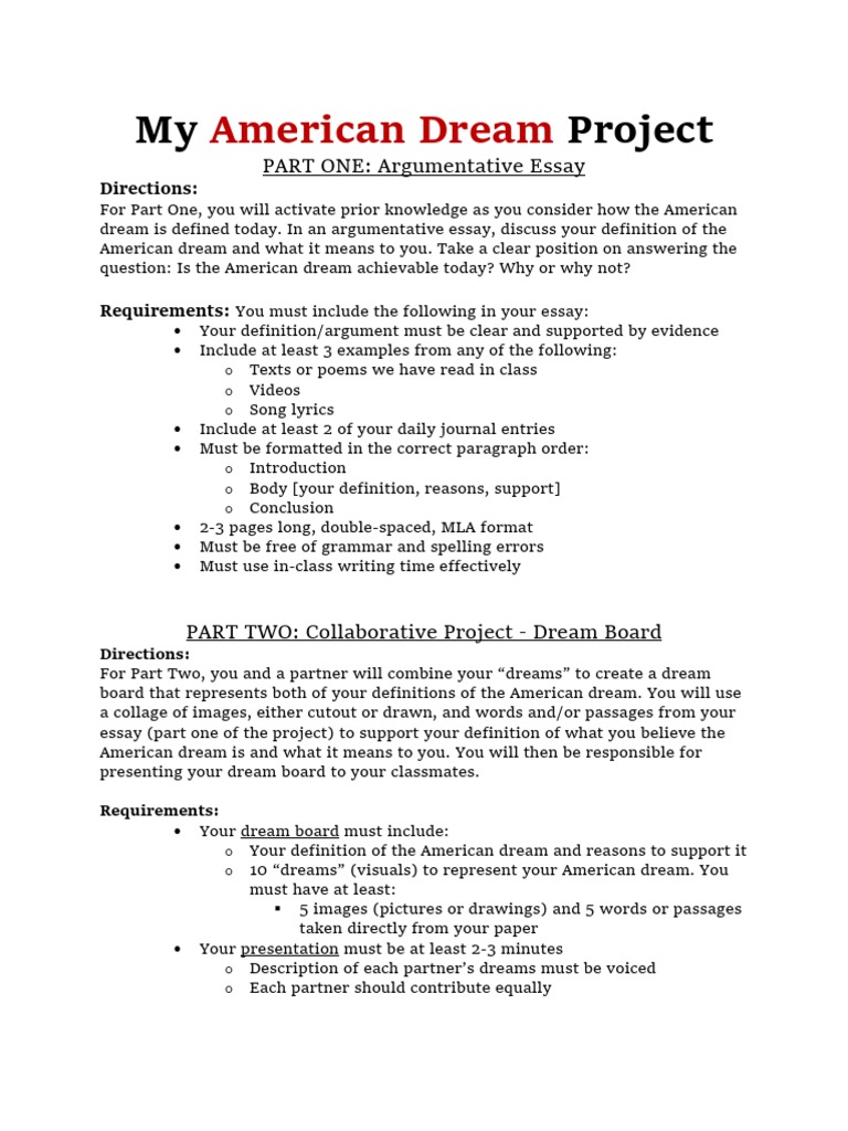 American Dream Essay & Project | PDF | Essays | Rubric (Academic)