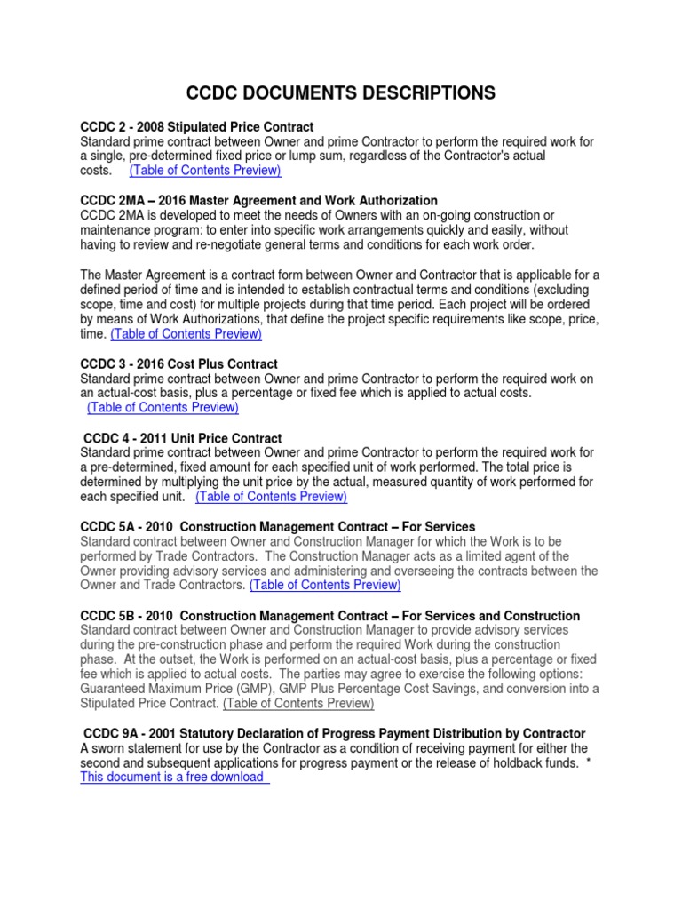 CCDC Documents Descriptions | PDF | Surety Bond | Construction Management