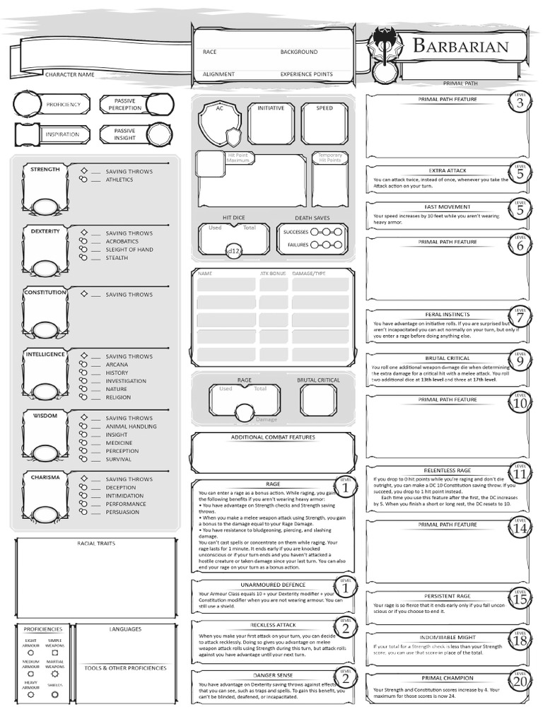 Dungeons and Dragons Class Character Sheet - Barbarian V1.3 - Fillable ...