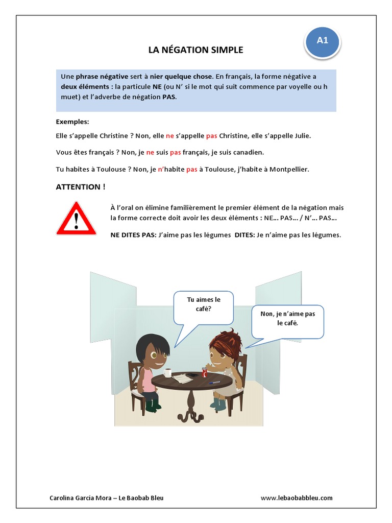 Négation simple en français A1 | PDF