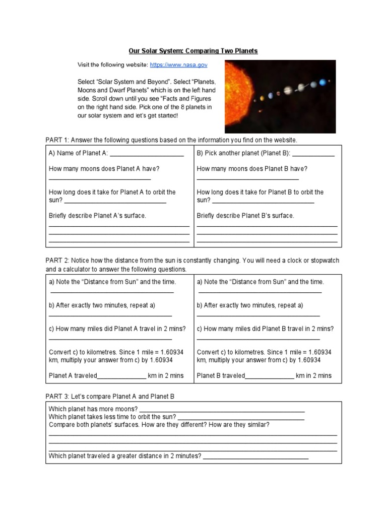 Comparing Planets Worksheet Solar System Planet Worksheets: