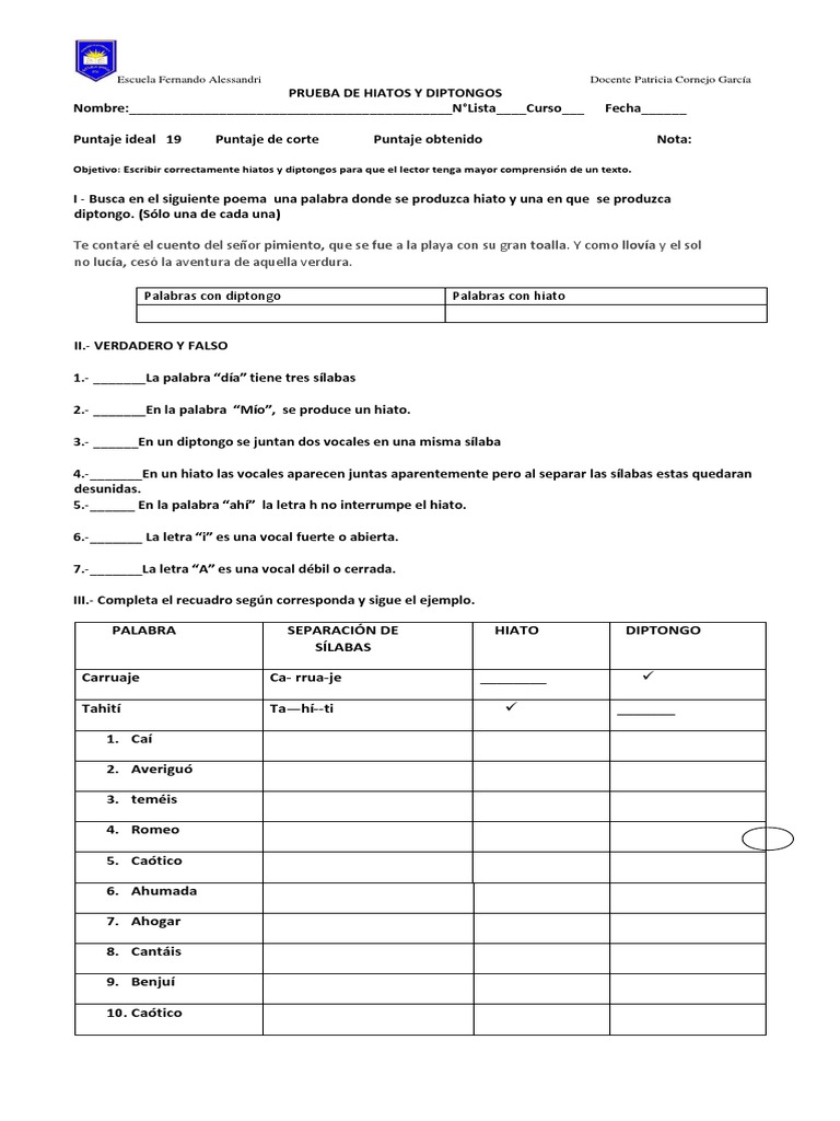 Prueba de Hiatos y Diptongos | PDF