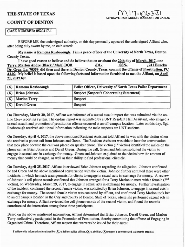 Arrest warrant affidavits in the UNT case | Arrest Warrant | Affidavit ...