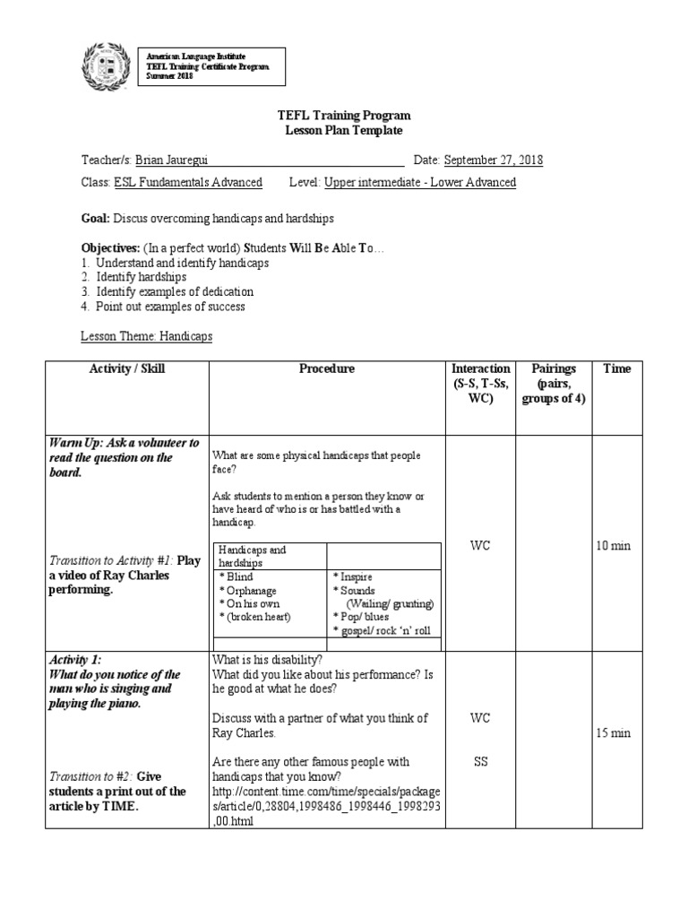 Tefl Lesson Plan Ray Charles | PDF | Disability | Lesson Plan