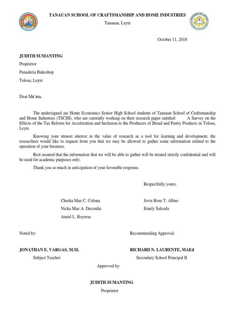 Request Letters for Research Approval: Home Economics Students Seek Permission from Local Bakery ...