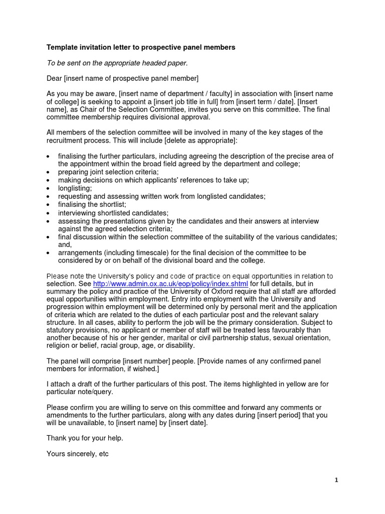Template Invitation Letter To Sit On Panel | PDF | Equal Opportunity ...
