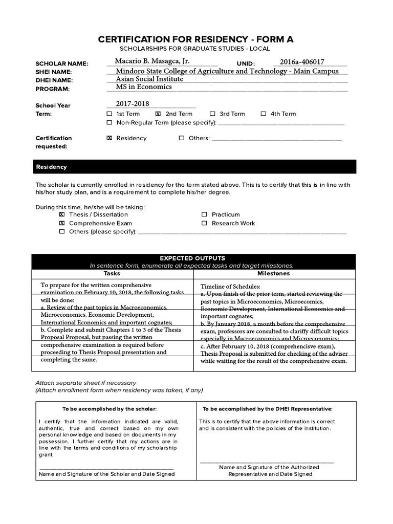 Certification of Residency - Form A - Accomplished | PDF | Thesis ...