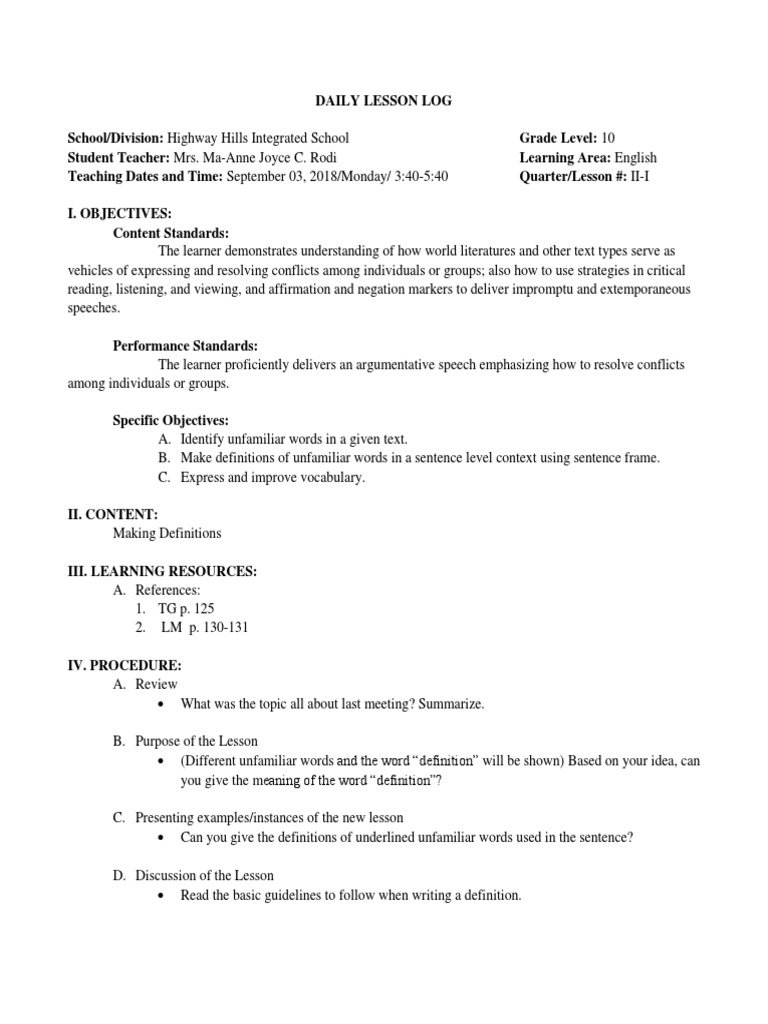 Daily Lesson Log in Making Definition | PDF | Lesson | Word