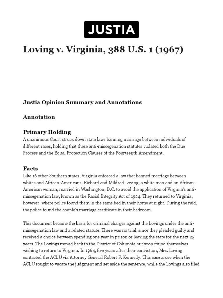 Loving v. Virginia | PDF | Loving V. Virginia | Fourteenth Amendment To ...