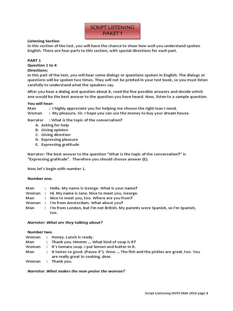 Script Listening HOTS SMA 2018 | PDF