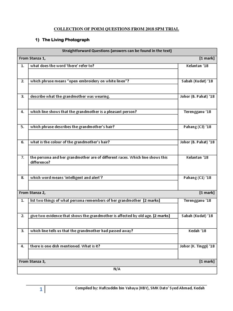 Collection of Poem Questions (2018 Trial) | PDF