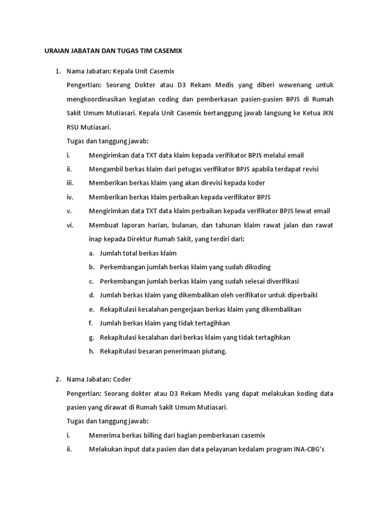 Contoh Uraian Jabatan Tim Casemix | PDF