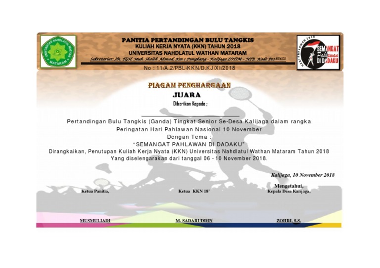Piagam Bulu Tangkis Senior | PDF