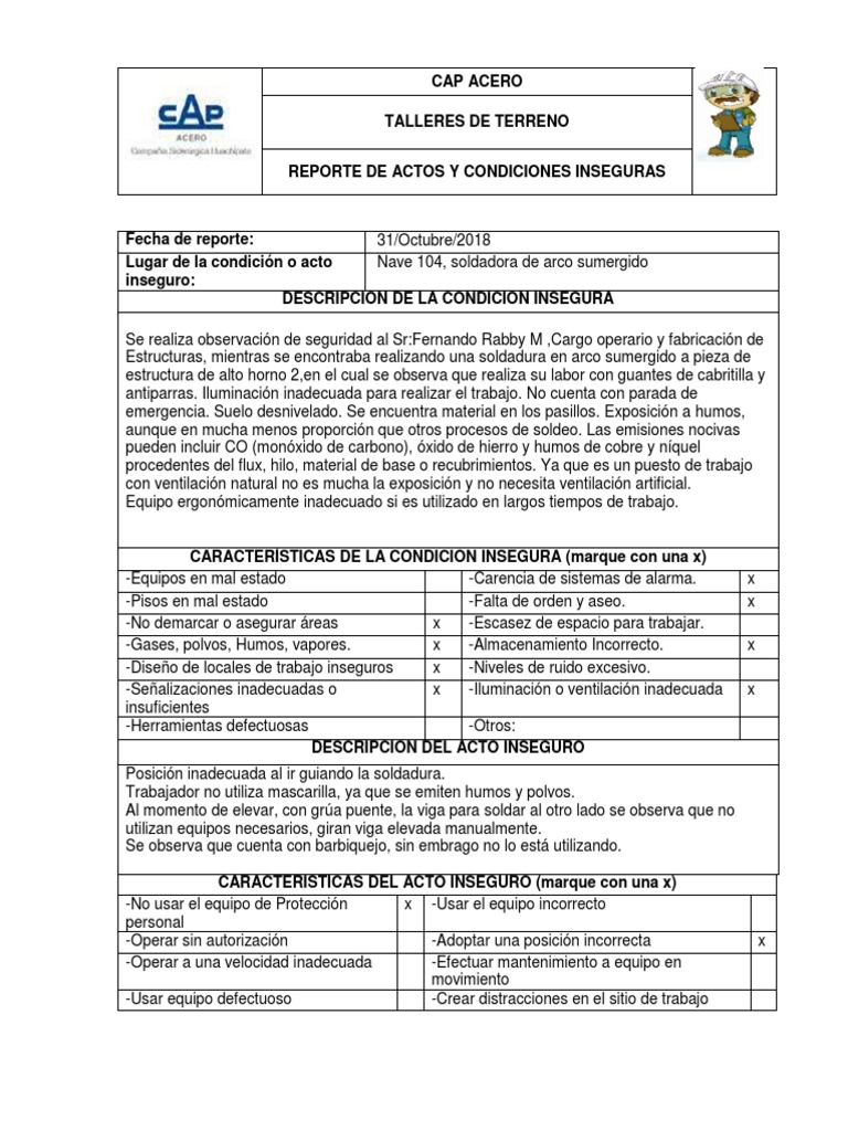 Reporte Actos Condiciones Inseguras | Soldadura | Materiales | Prueba ...