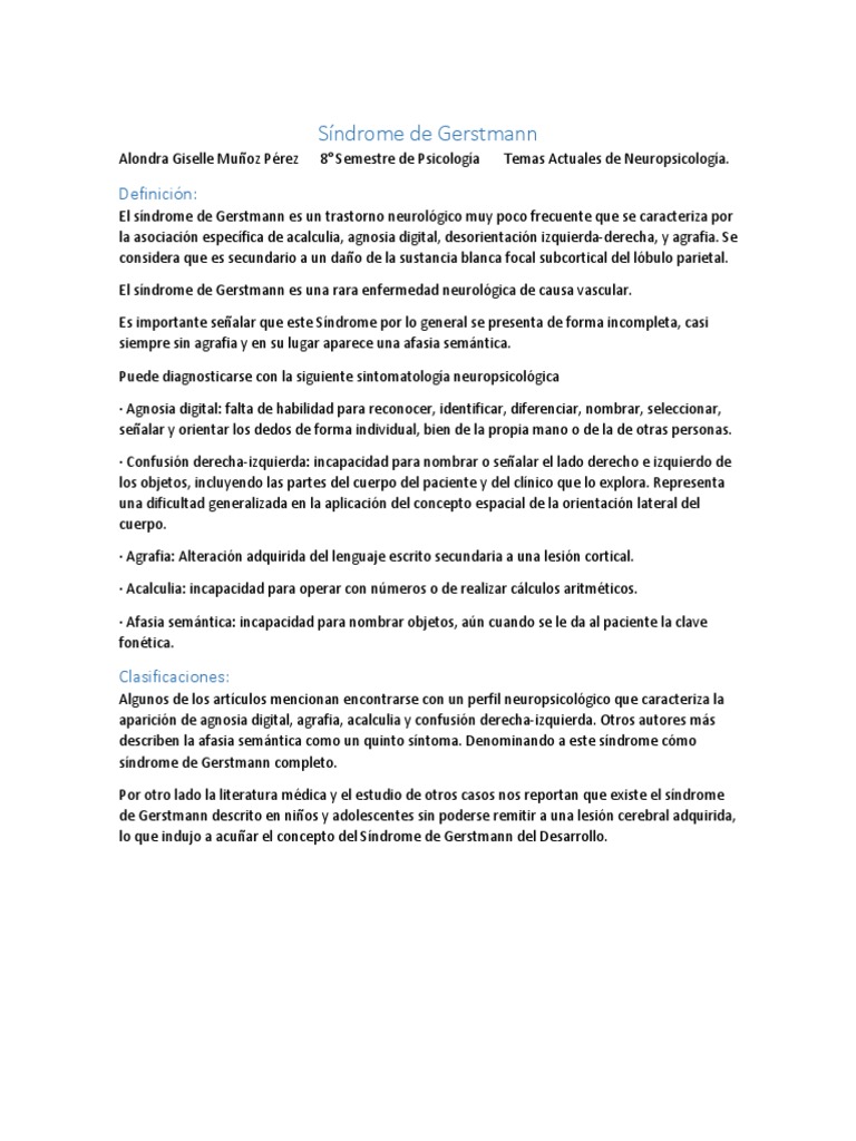 Síndrome de Gerstmann: Síntomas y Causas | PDF | Neuropsicología | Afasia