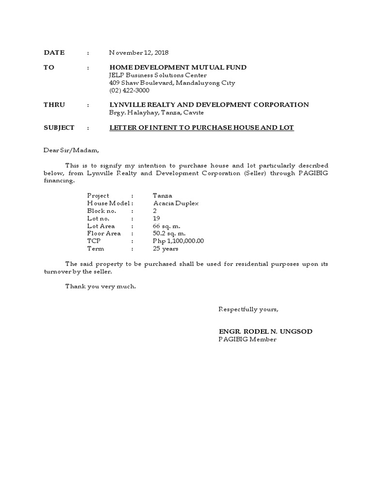 Lynville - Letter of Intent To HDMF | PDF | Law