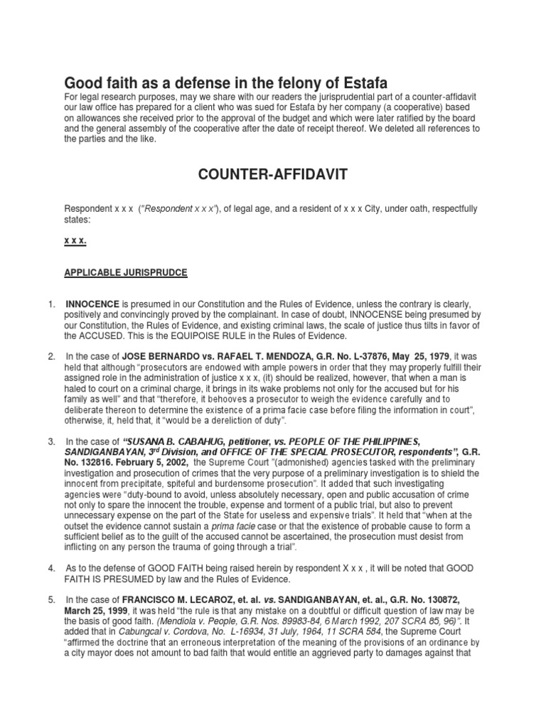 Law - Estafa Defense - Good Faith As A Defense in The Felony of Estafa ...