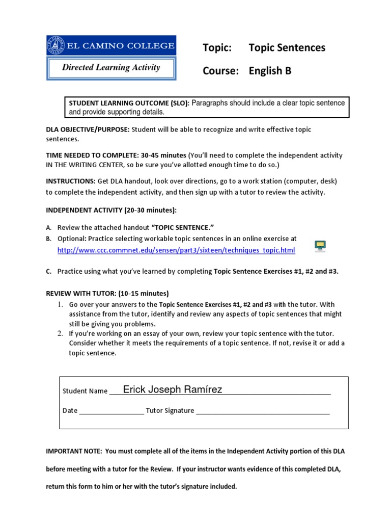Topic: Topic Sentences Course: English B: Directed Learning Activity | PDF | Paragraph | Essays