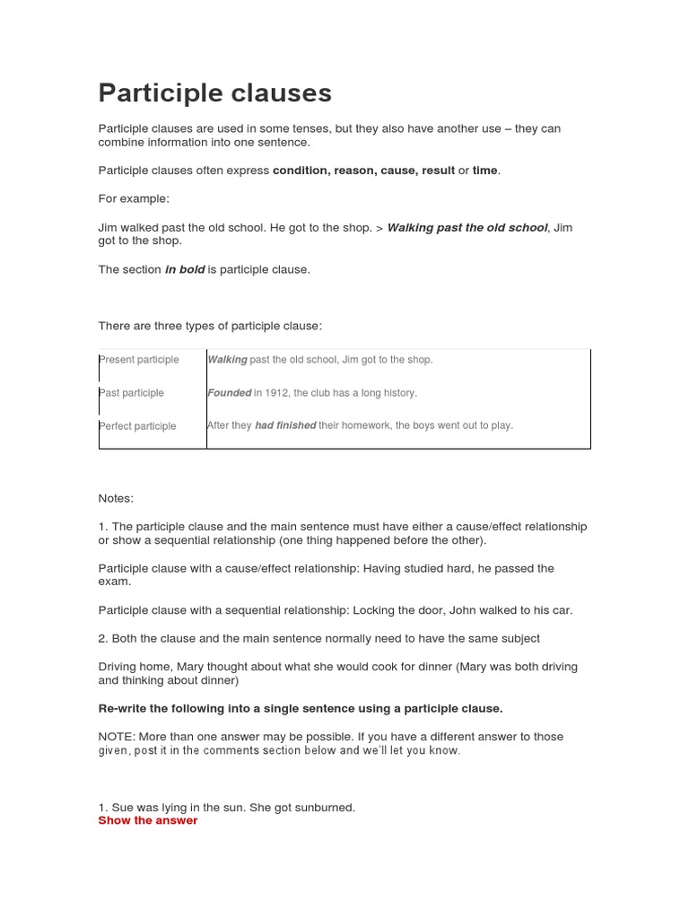 Participle Clauses | Download Free PDF | Perfect (Grammar) | Linguistic ...