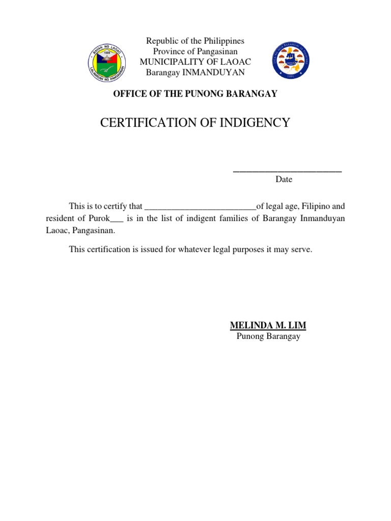 Certification of Indigency: Office of The Punong Barangay | PDF | Philippines