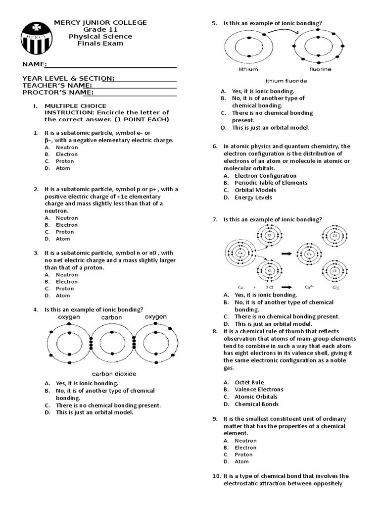 Grade 11 Physical Science Finals Exam | Chemical Bond | Ion