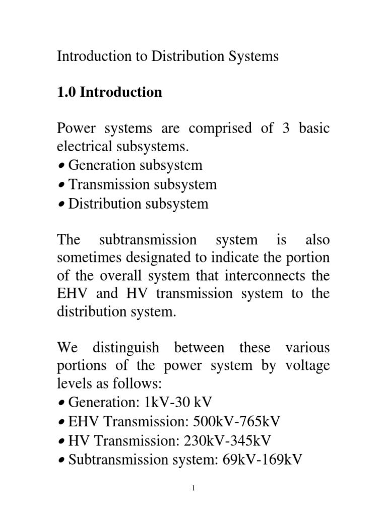 Generation Subsystem Transmission Subsystem Distribution Subsystem ...