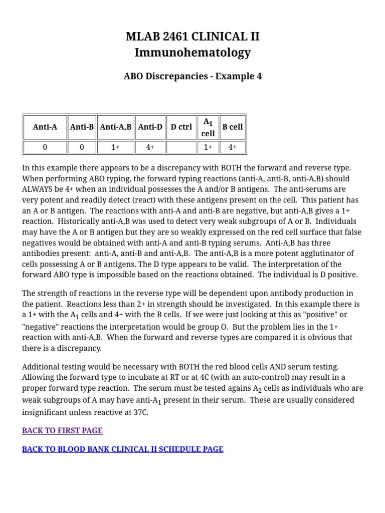 Mlab 2461 Clinical Ii Immunohematology: ABO Discrepancies - Example 4 | PDF