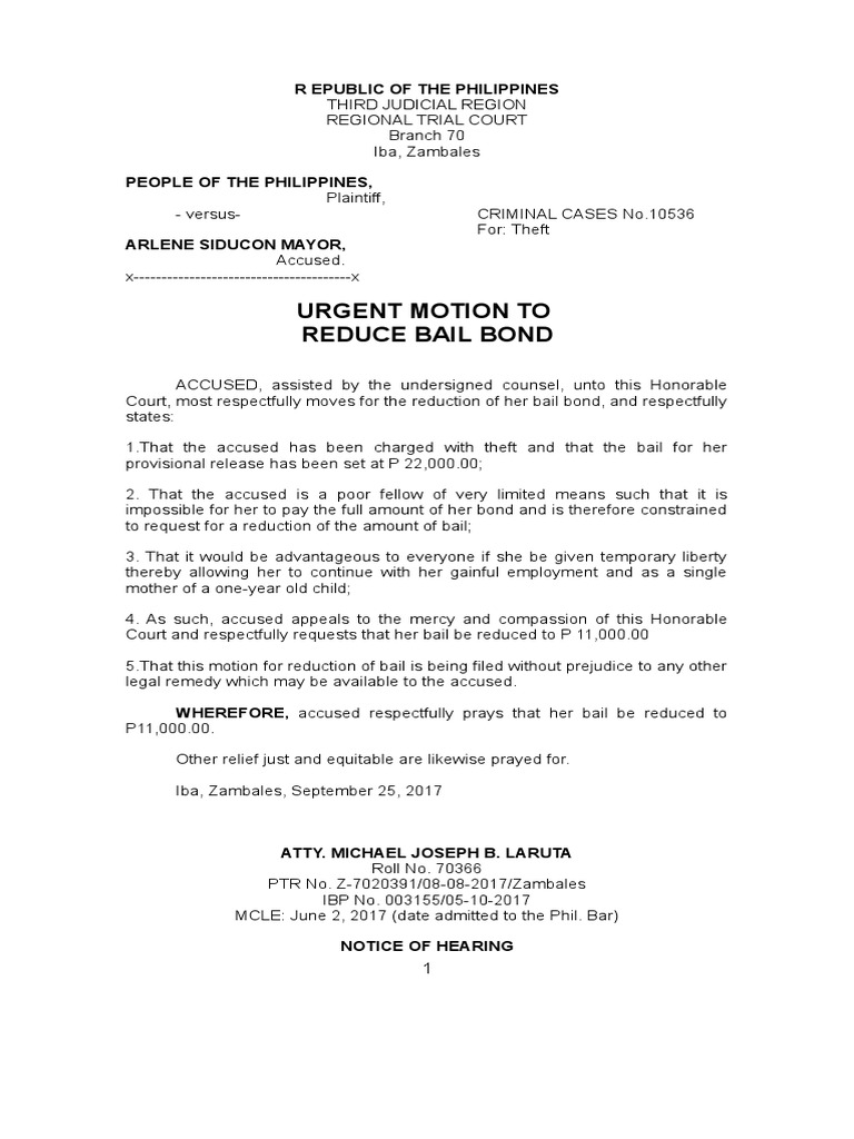 Motion To Reduce Bail | PDF | Bail | Prosecutor