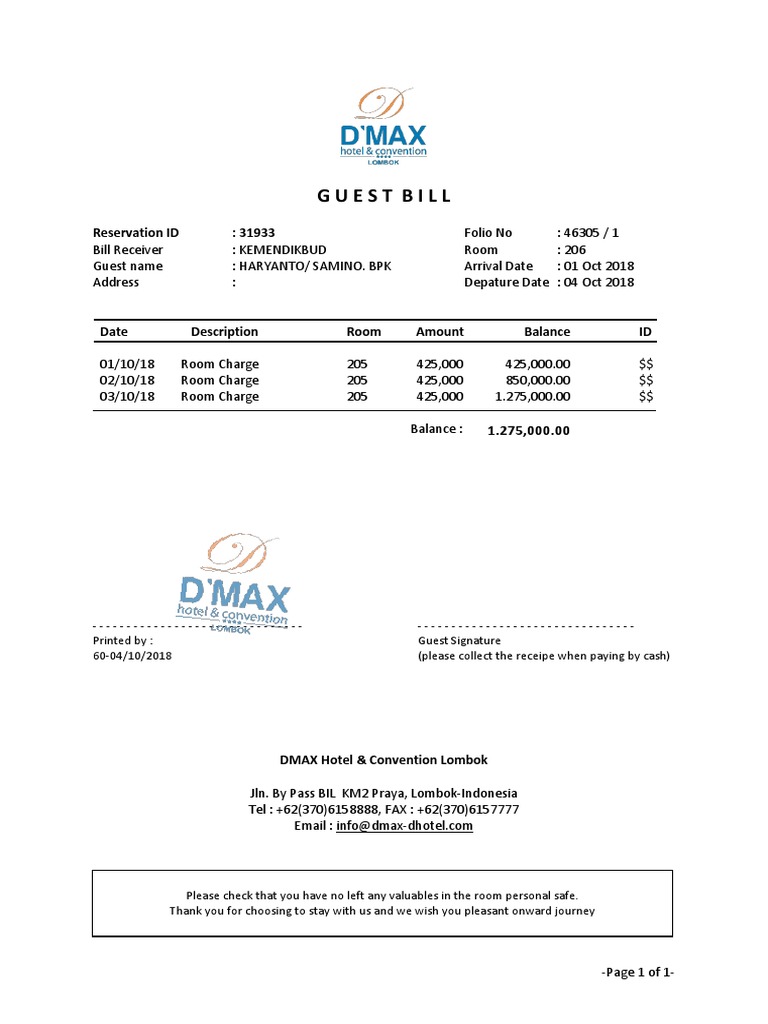 Guest Bill: Reservation ID: 31933 | PDF